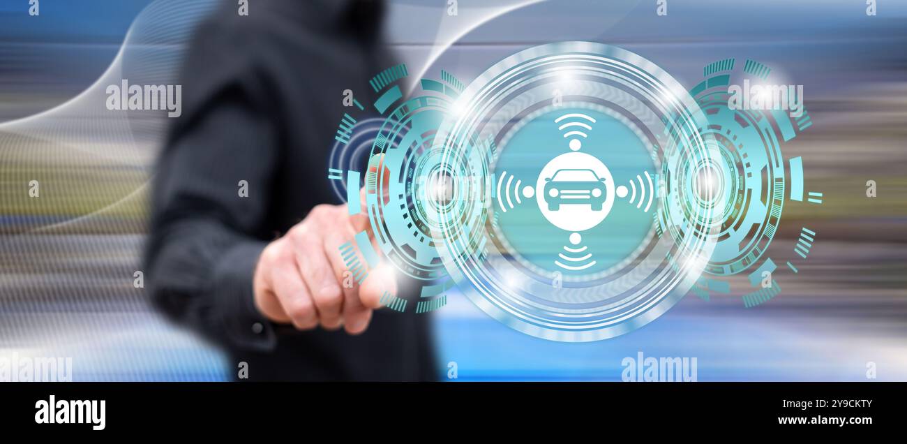 Man touching a smart car concept on a touch screen with his finger ...
