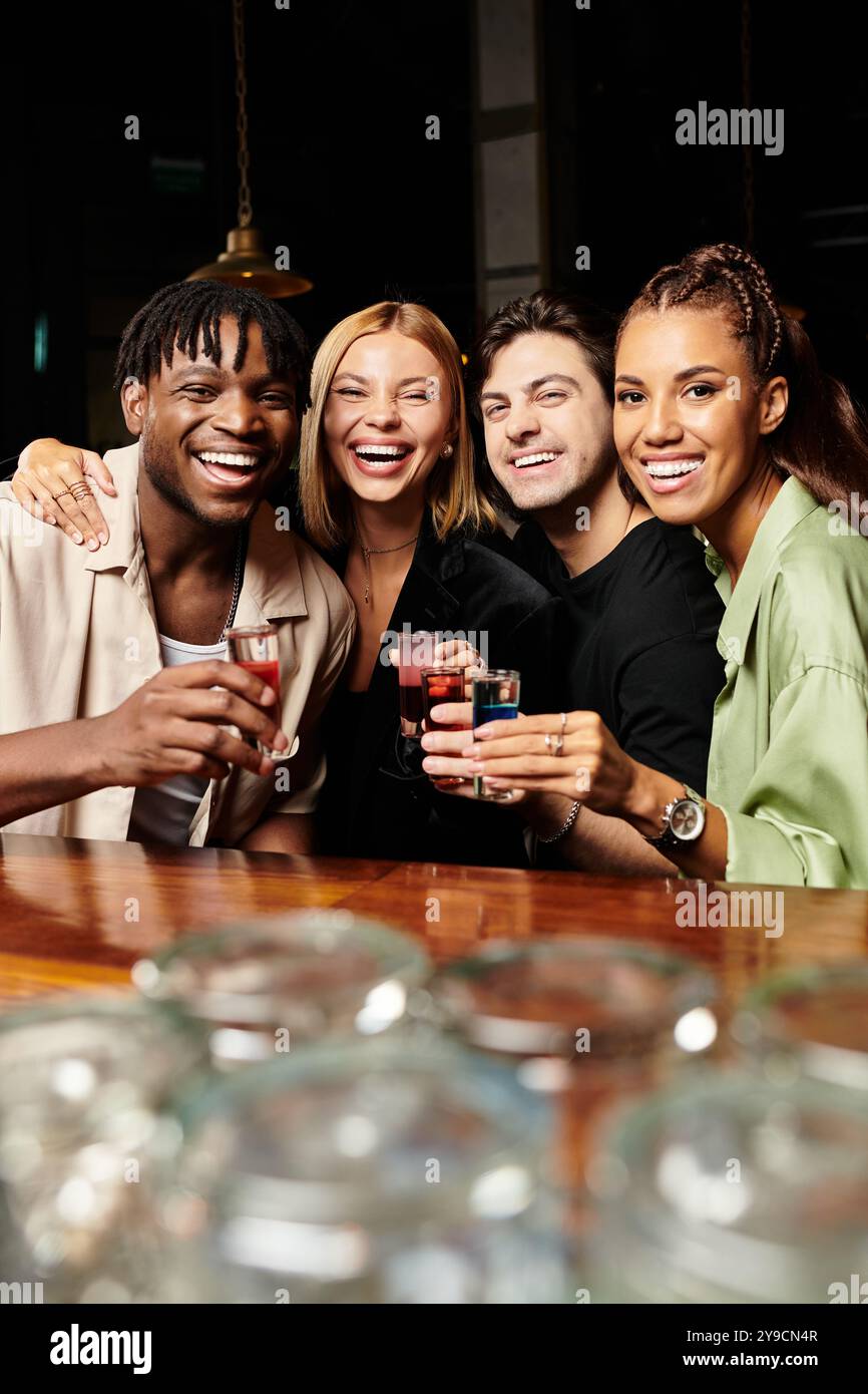 Colleagues celebrate success at a corporate gathering, sharing laughter ...