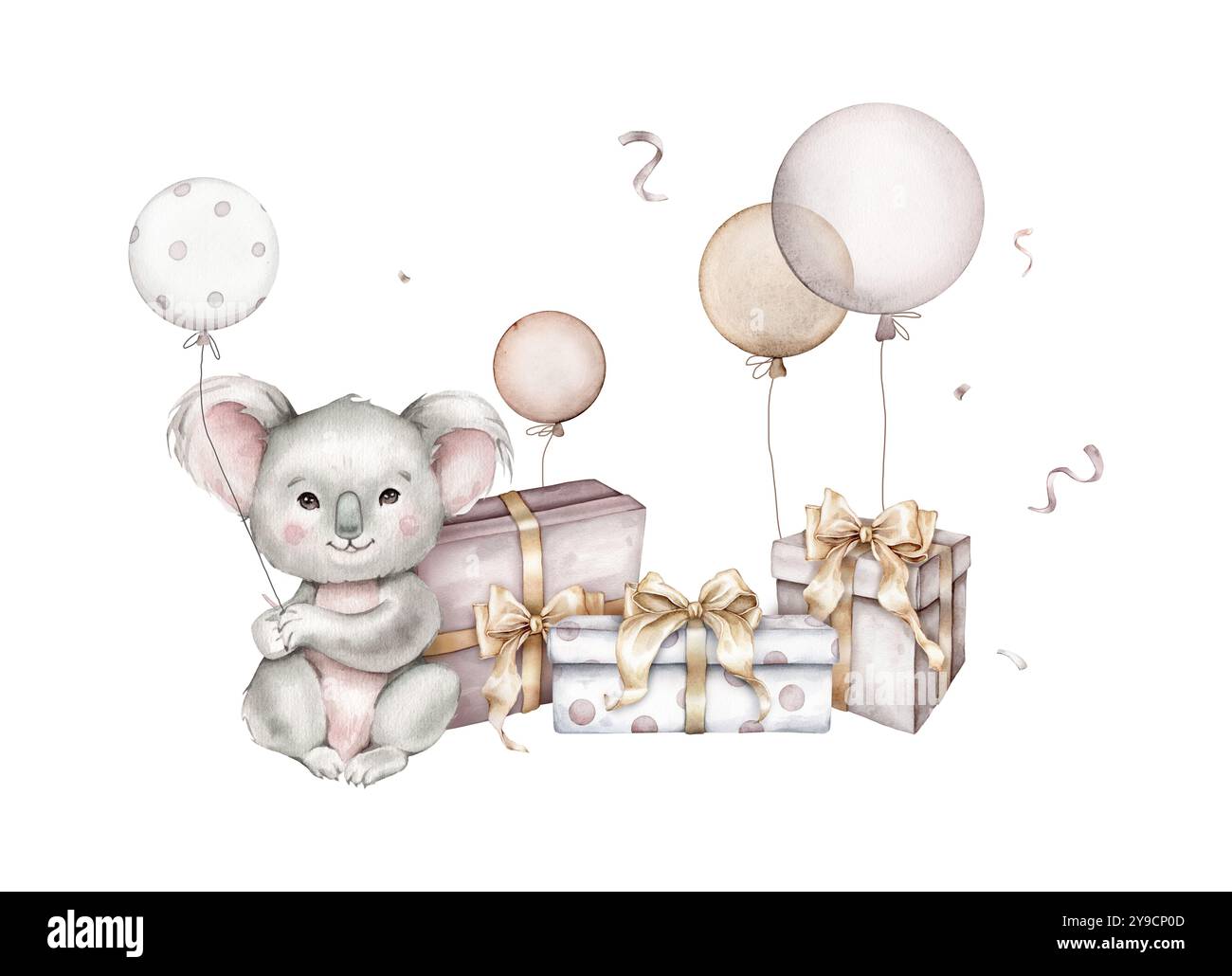 Watercolor koala and balloons and set gifts with bow on isolated ...