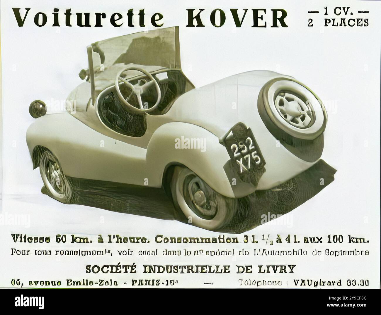 Voiturette Kover 1CV (1952) - Vintage press car advertising Stock Photo ...