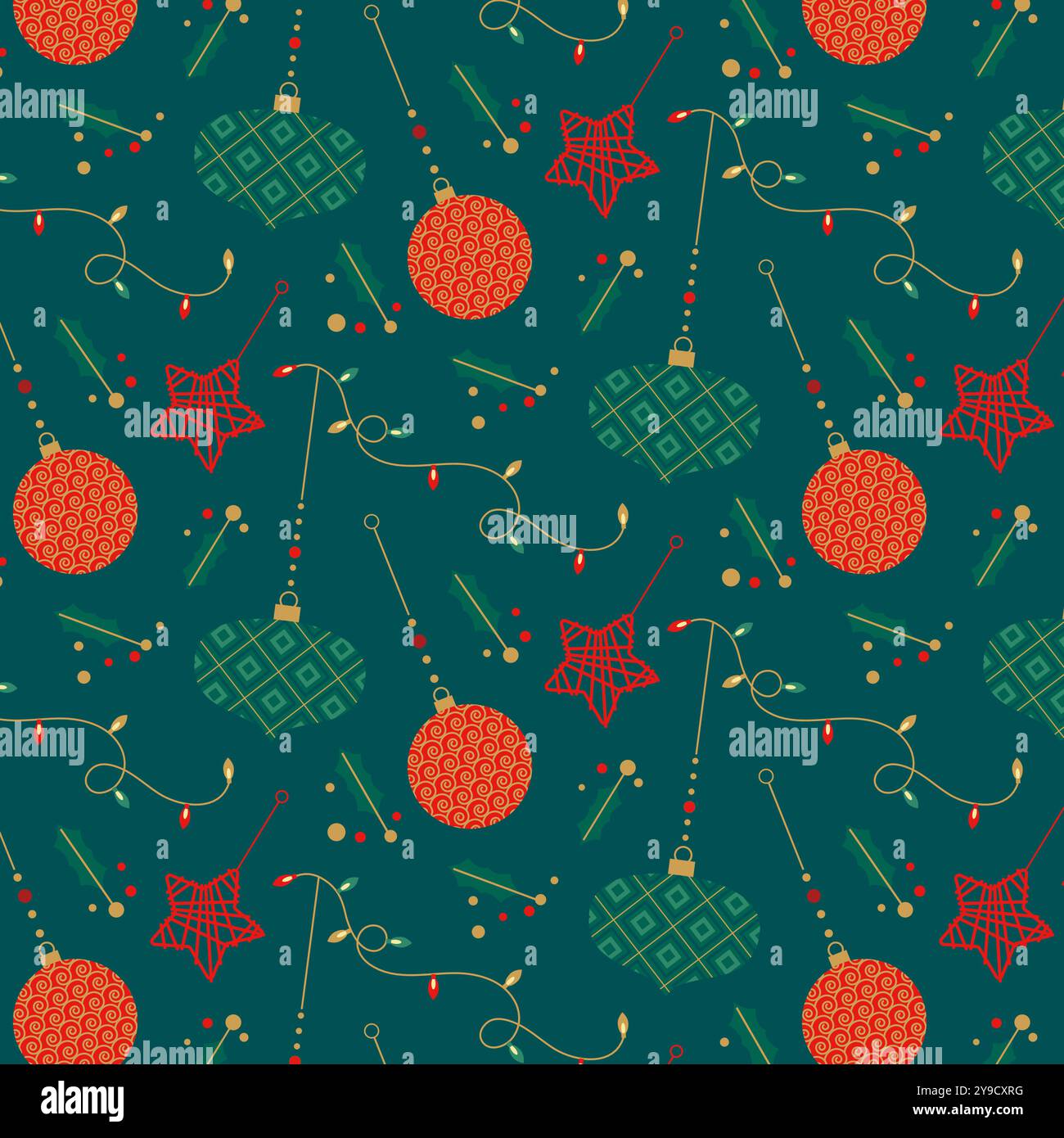 Seamless pattern with Christmas ornaments, holly, and lights for ...