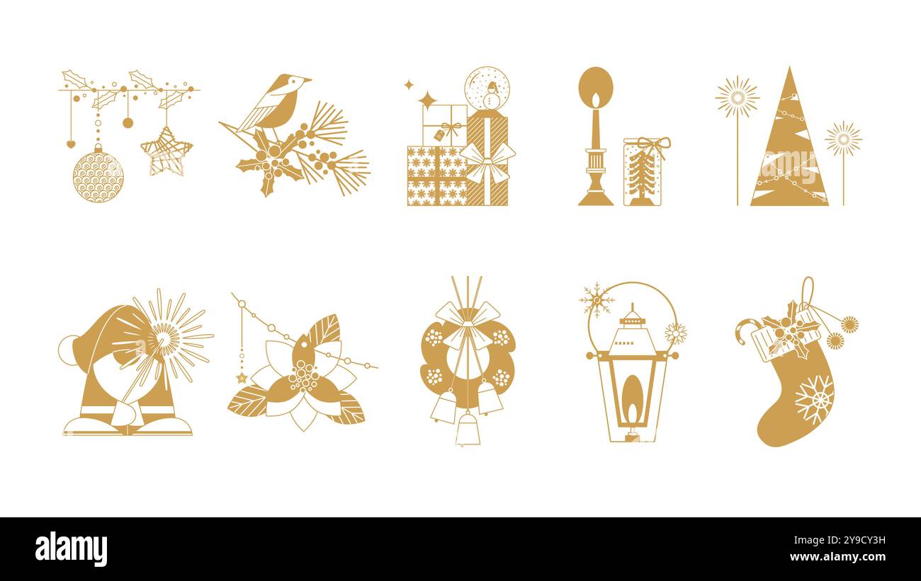 Collection Gold Line Christmas Elements, Christmas concept vector ...