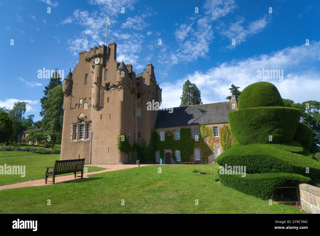 Looking east to Crathes baronial, tower-house, scottish castle. Front ...