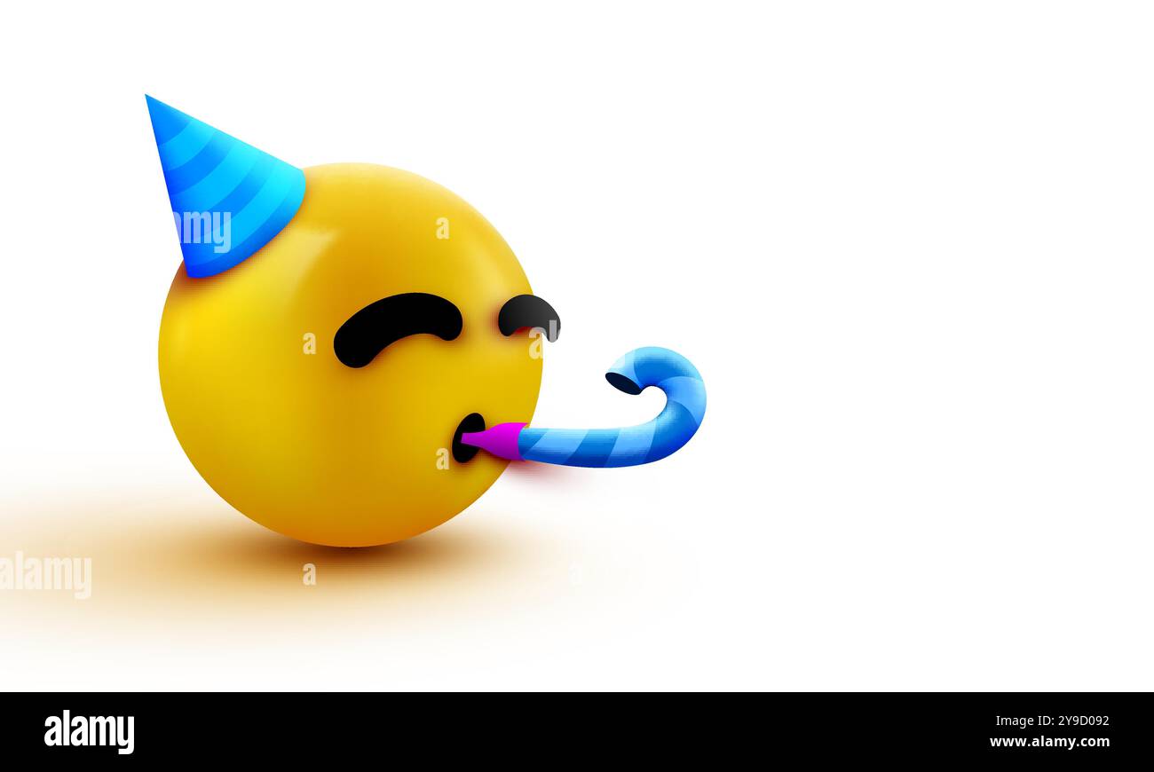 Party face emoji - yellow face with a party hat blowing and party horn ...