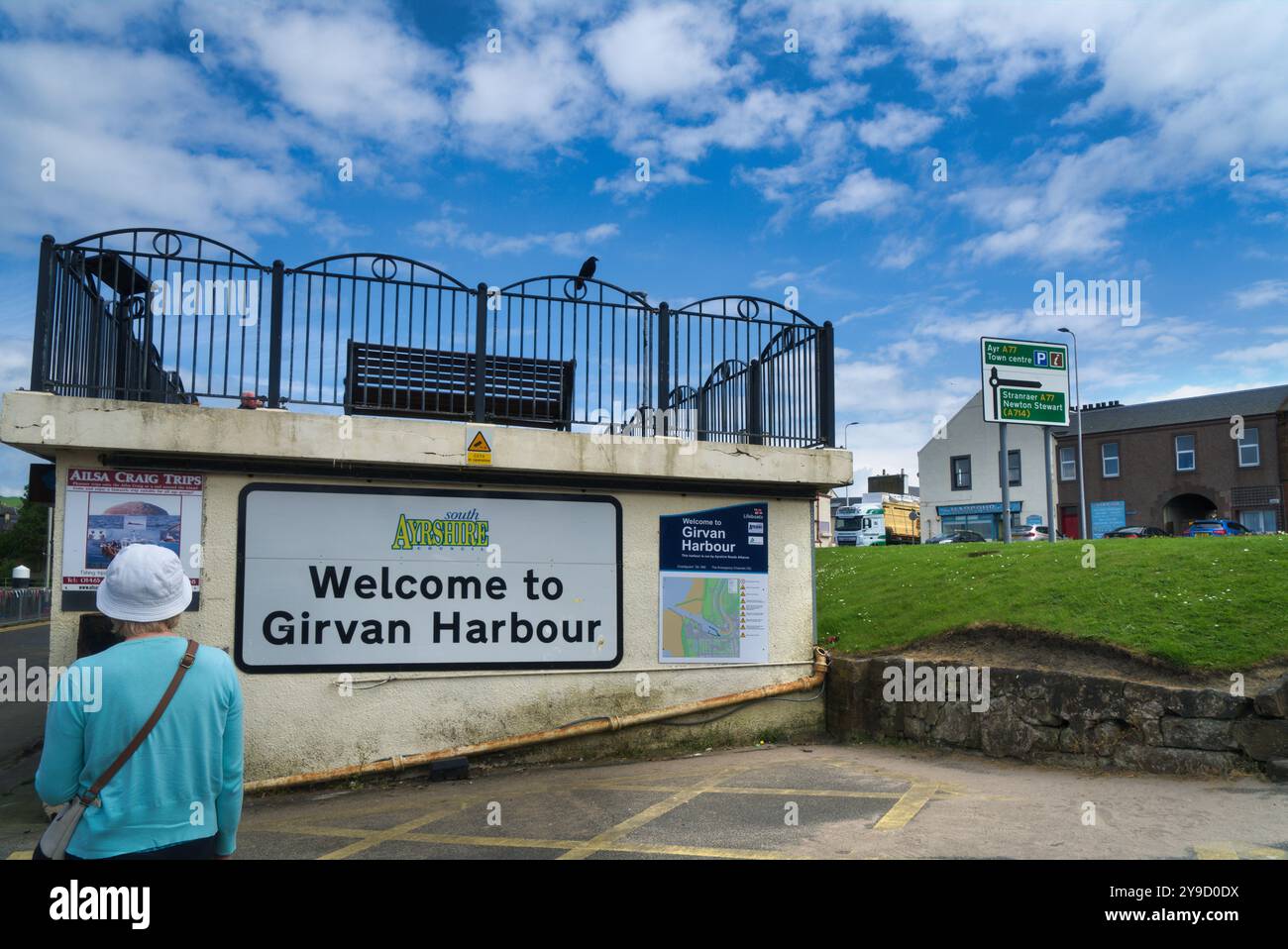 Girvan Pier with notice welcoming visitors to harbour. Looking inland ...