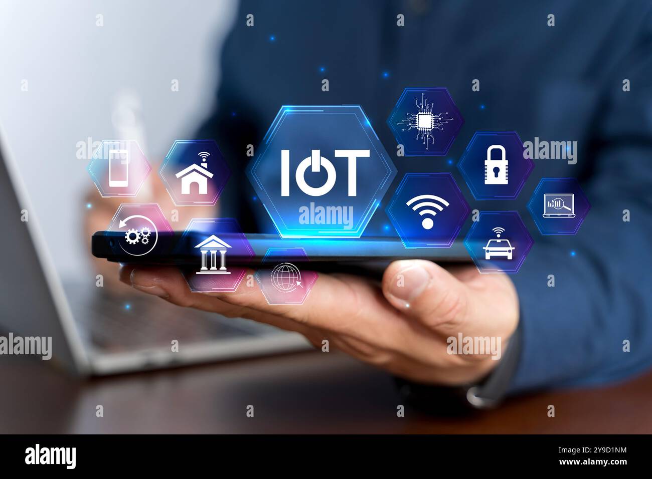 Smart business IOT, internet of things concept. Businessman use laptop ...