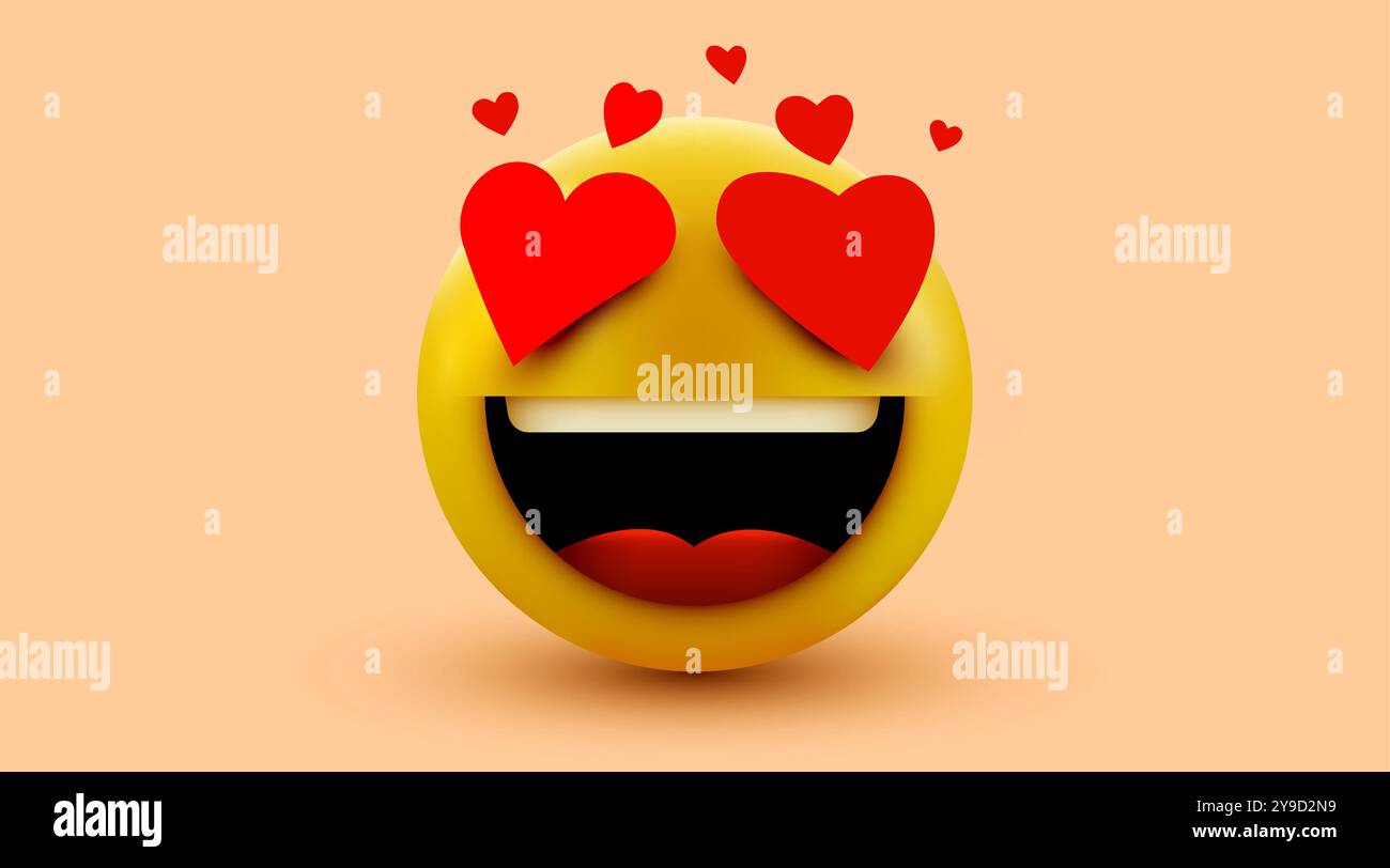 Smile in love emoticon icon, love hearts in eyes. Vector emoticon emoji flat heart in the eyes ...