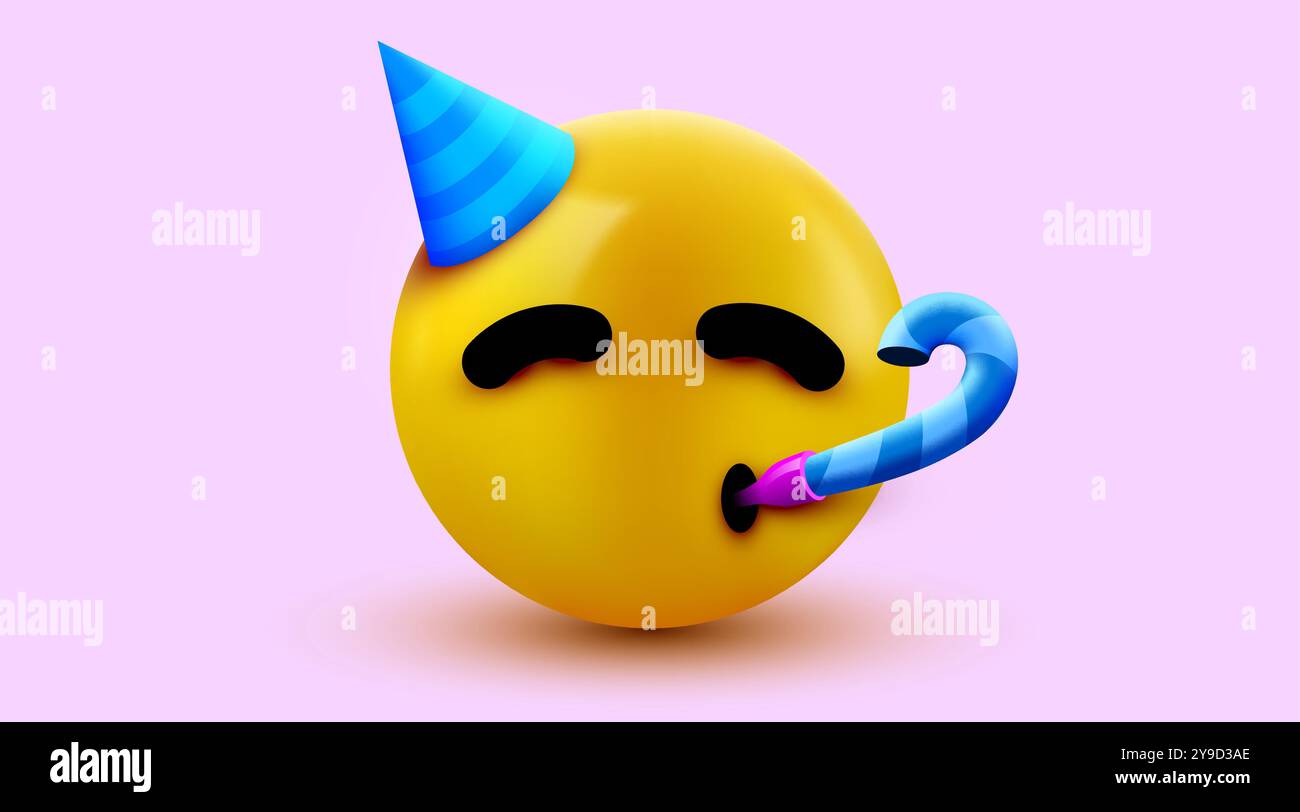 Party face emoji - yellow face with a party hat blowing and party horn ...
