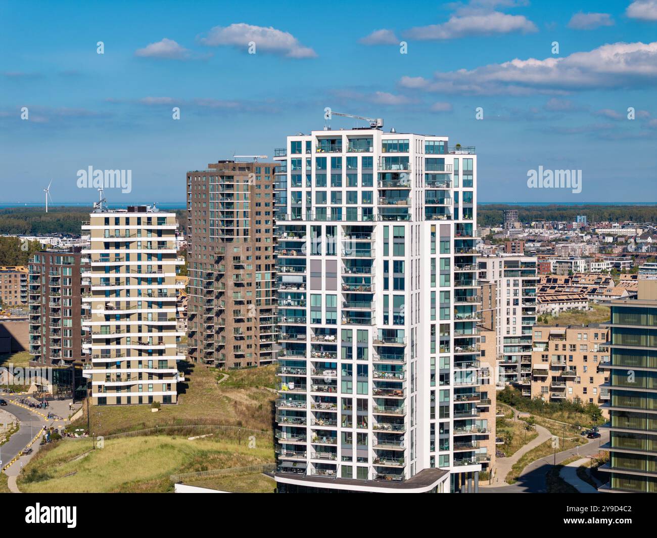aerial view of the new high-rise district '"Almere Duin", Flevoland ...