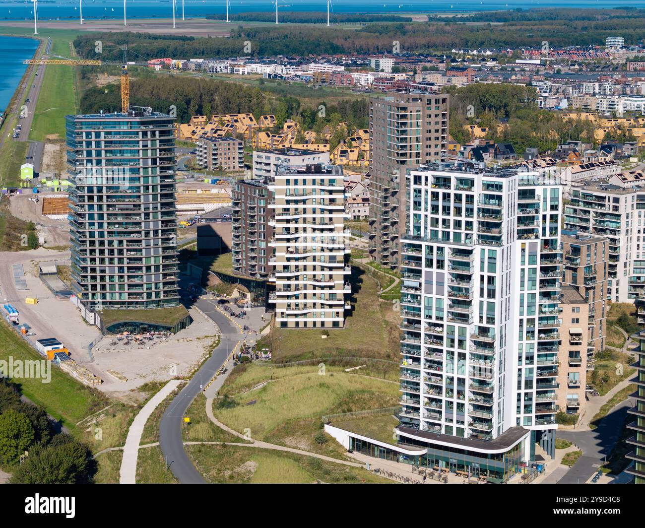 aerial view of the new high-rise district '"Almere Duin", Flevoland ...