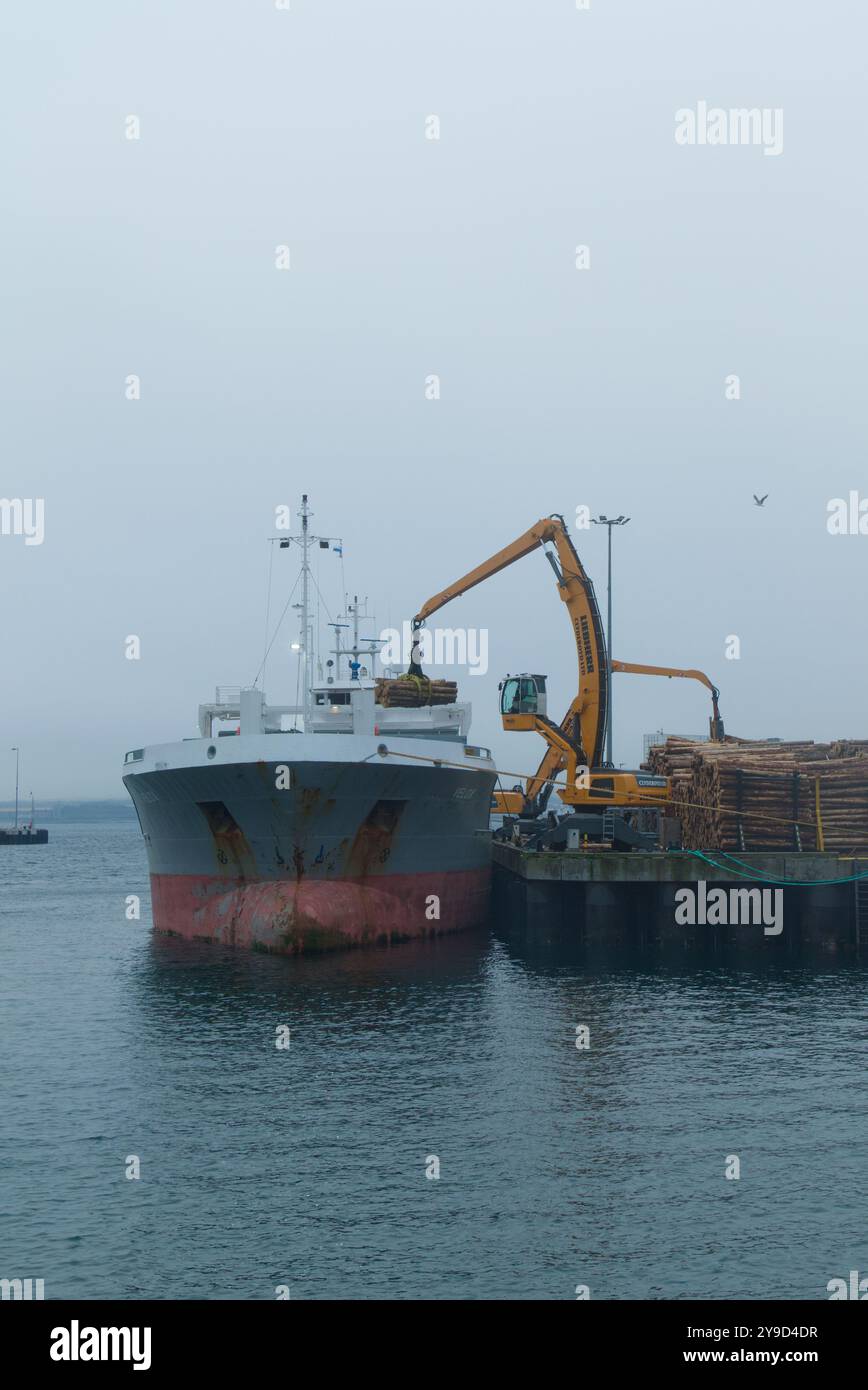 Loading logs onto cargo ship, Scrabster, North Scotland Stock Photo - Alamy