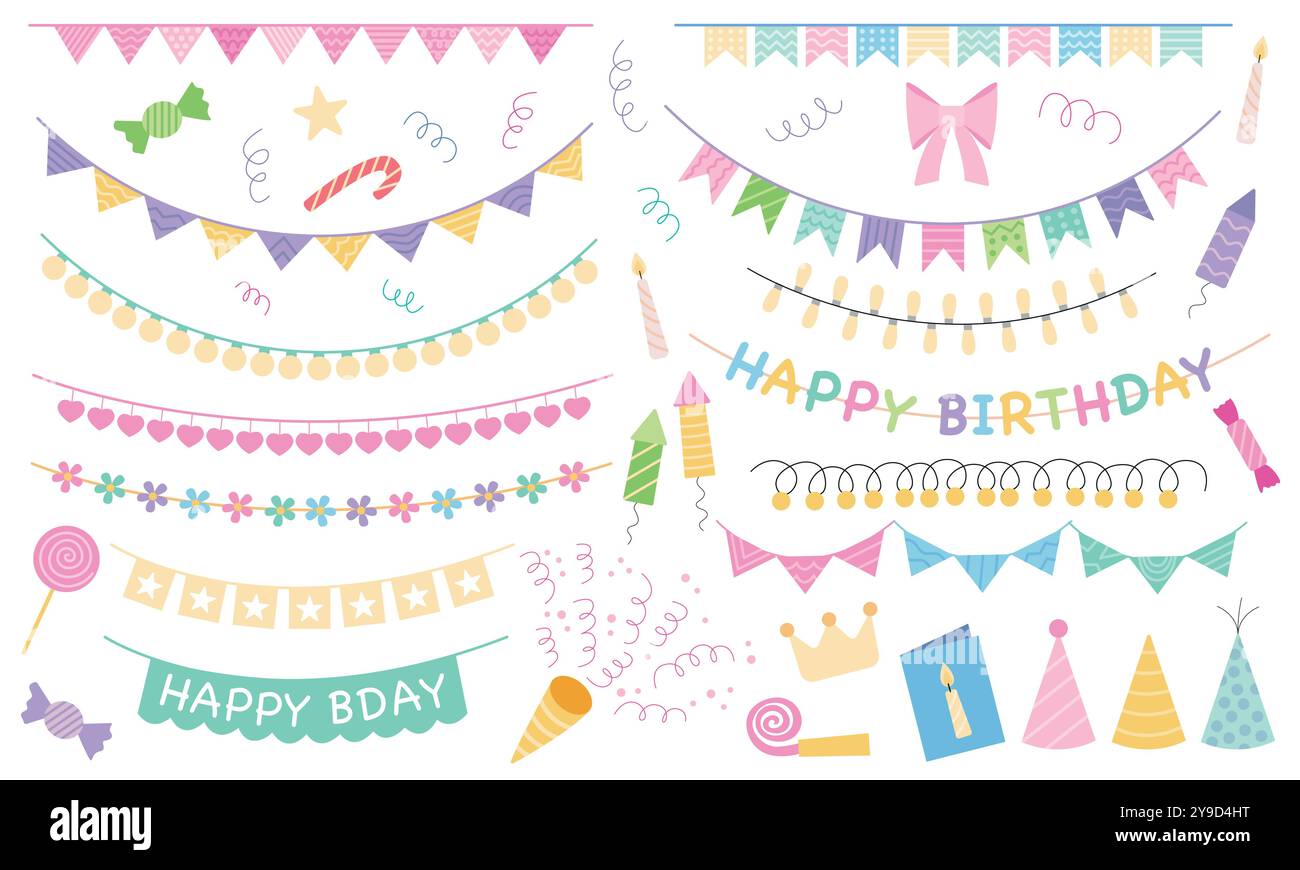 Big birthday garlands decoration flat vector set Stock Vector Image ...