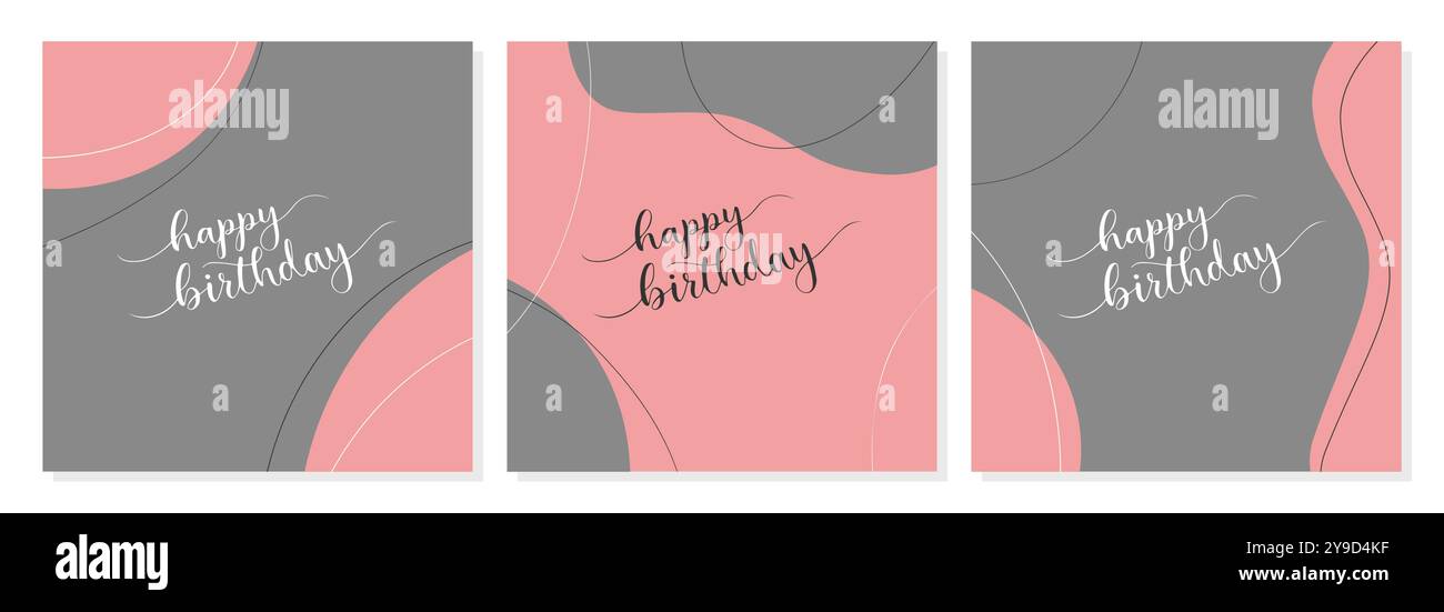Happy Birthday cards set, pink and gray color posters, lettering with ...