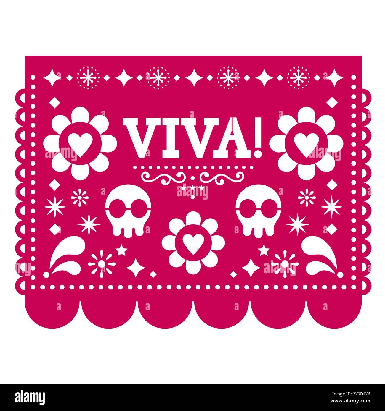 Viva! Papel Picado vector greeting card with skulls and flowers ...
