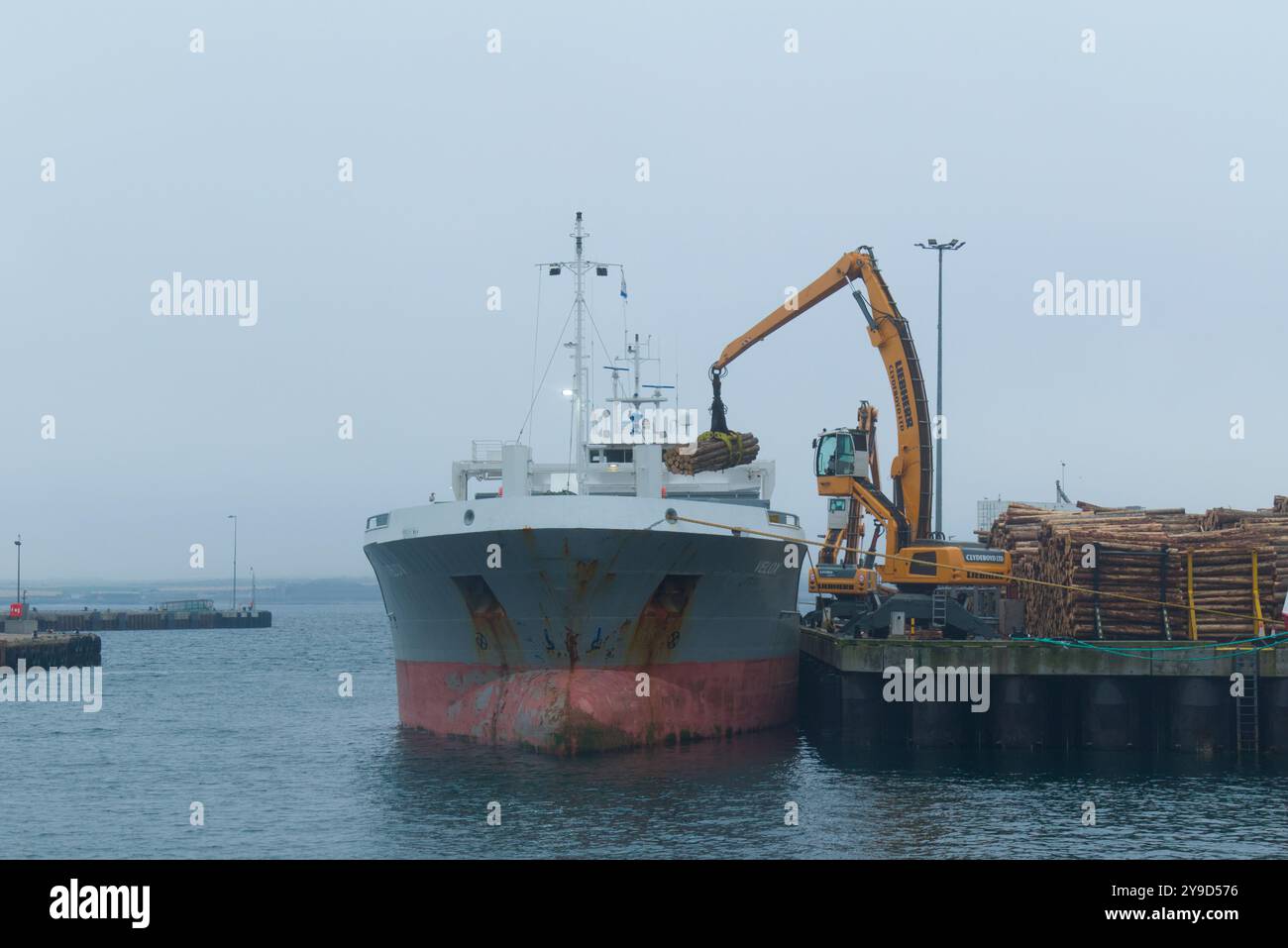 Loading logs onto cargo ship, Scrabster, North Scotland Stock Photo - Alamy