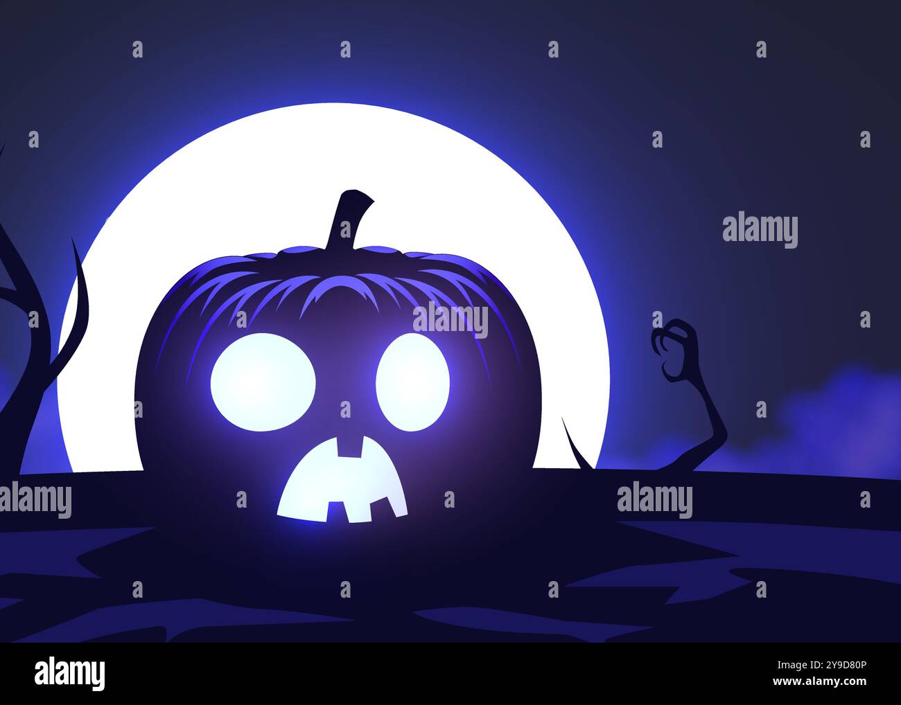 Silhouette of scary pumpkin, zombie hand on moon and fog background ...