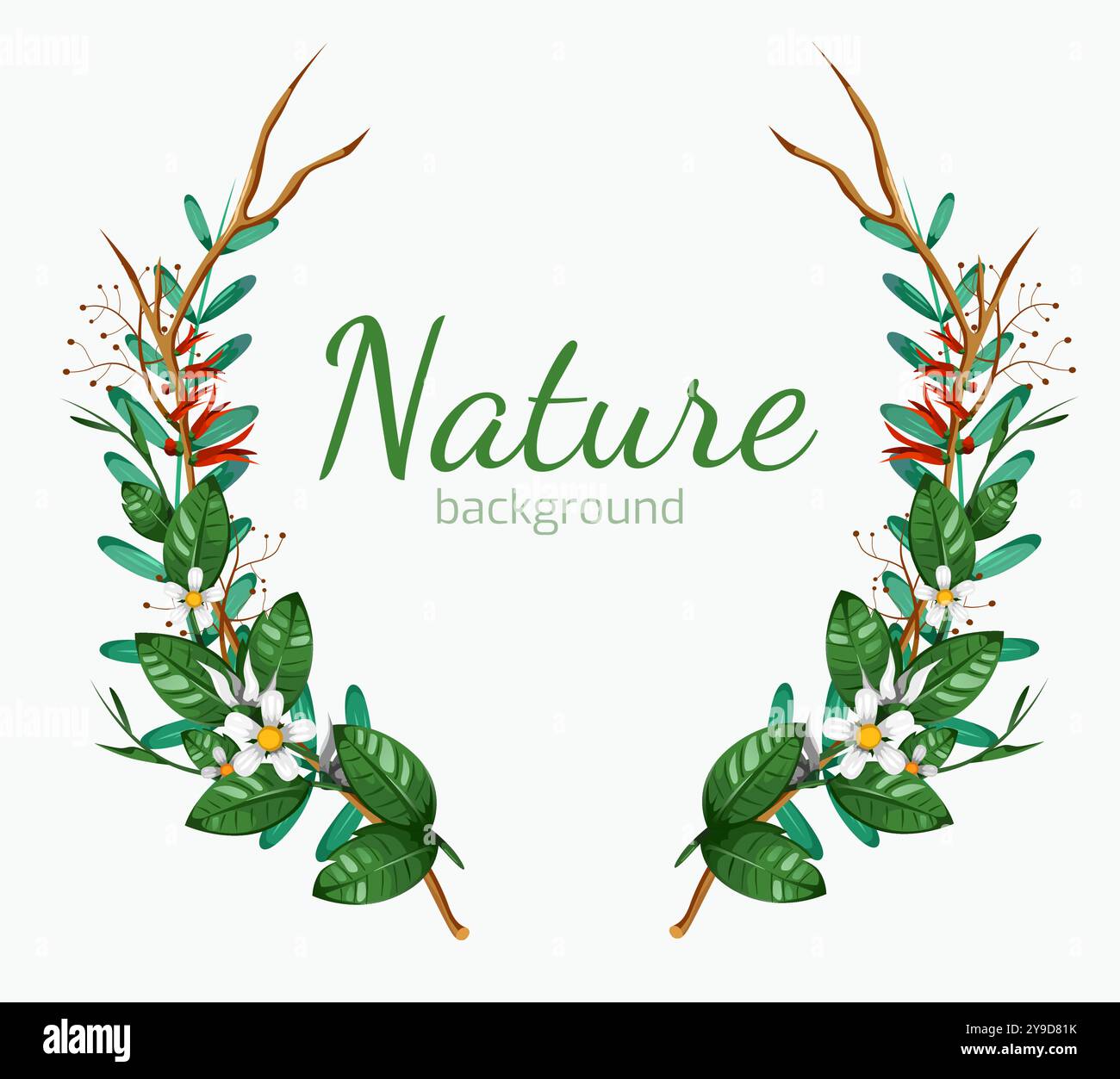 Green floral banner with isolated on white background. Flowers ...