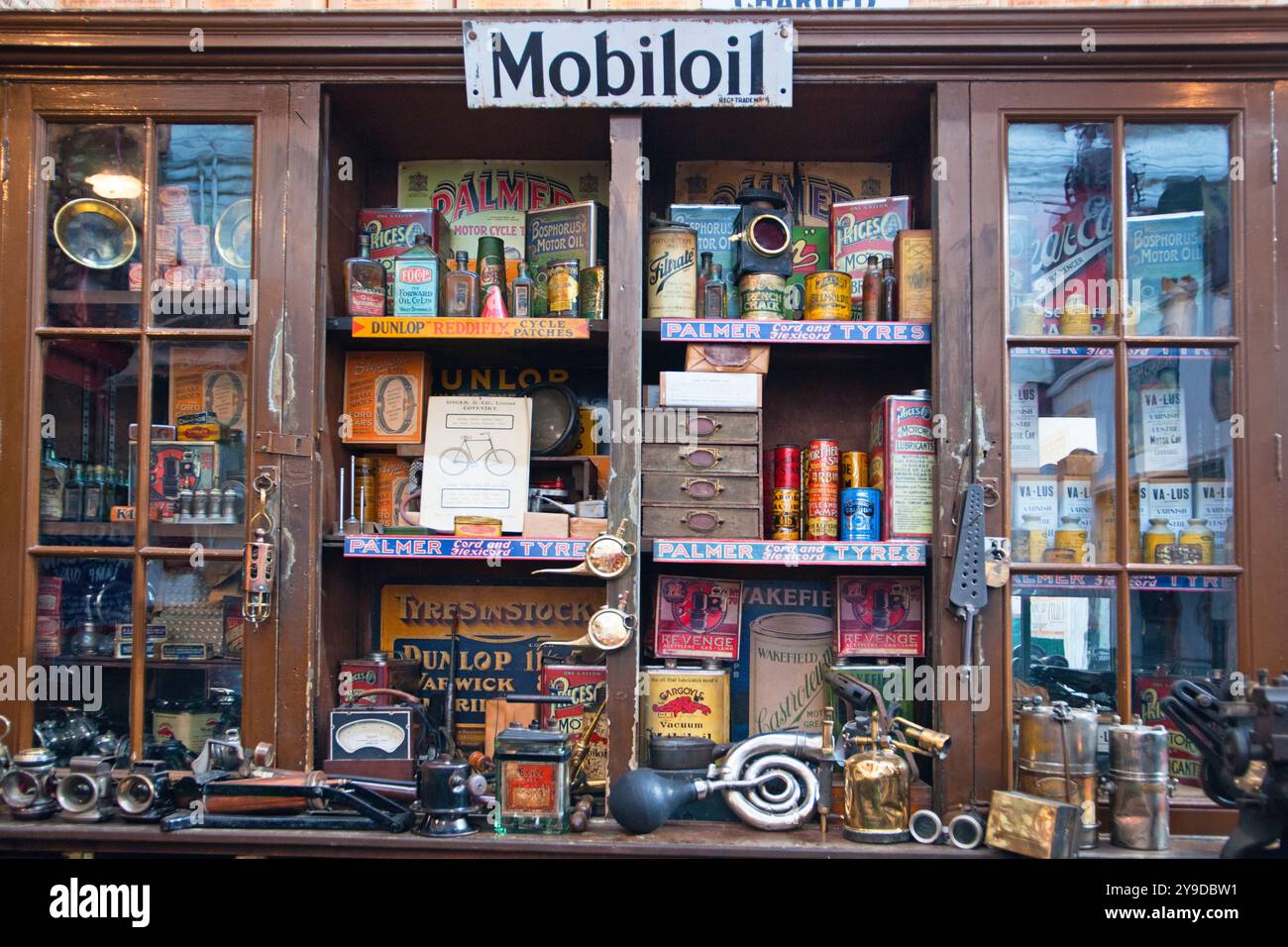 Beamish museum, Garage workshop, with motoring memorabilia, from early ...