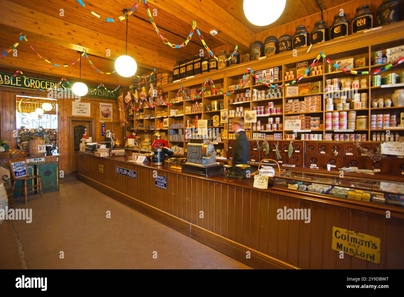 Beamish museum, Grocers shop interior with items on shelves from erly ...