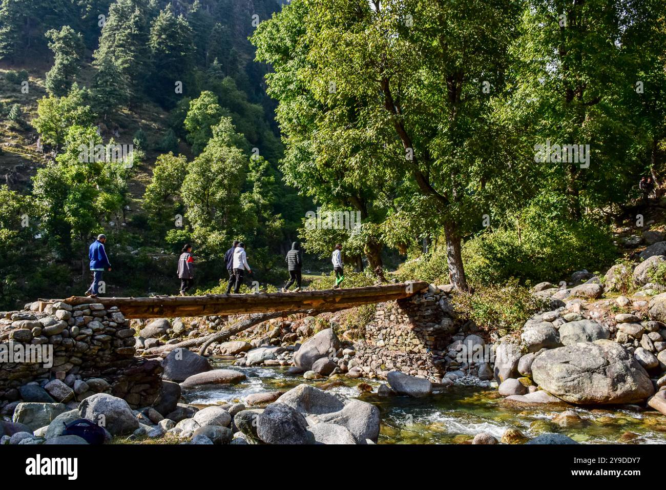 Dumail, India. 10th Oct, 2024. Visitors walk along the wooden foot ...