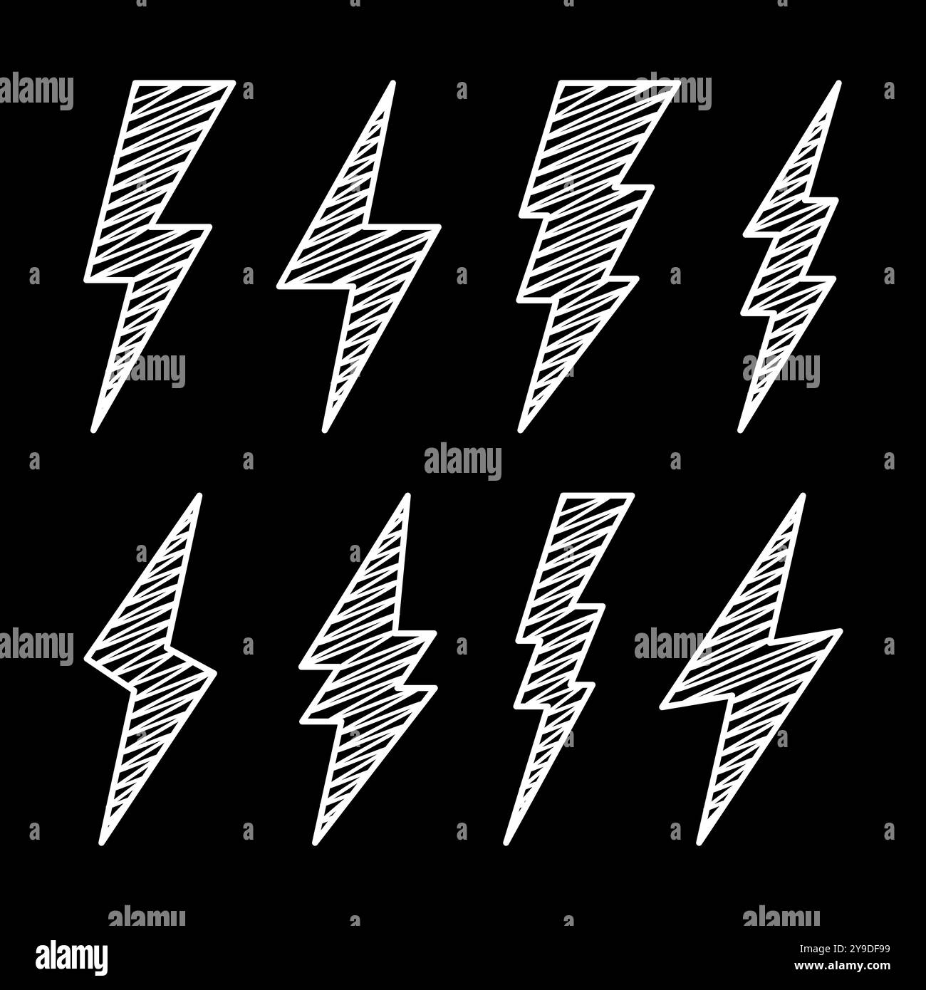 Hatched lightning bolt icons collection. Hand drawn flash symbol ...