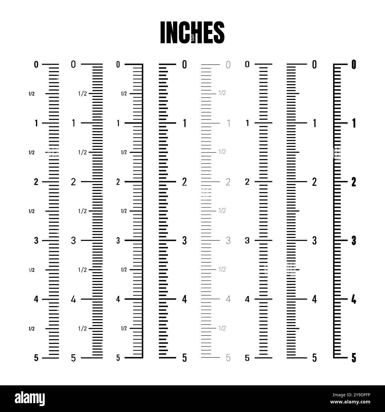 Vertical inch scale for measuring length or height. Various measurement scales with divisions ...