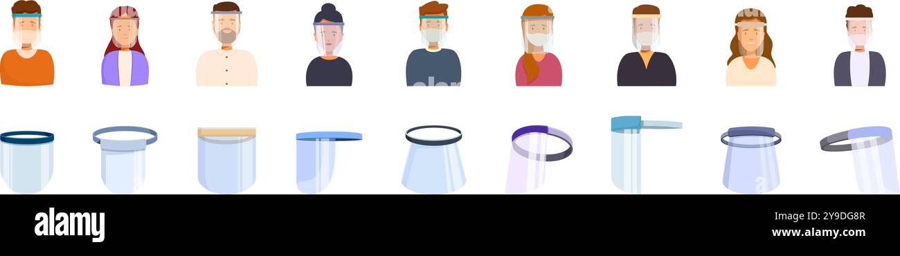 Plastic face shield icons set. Set of diverse male and female ...