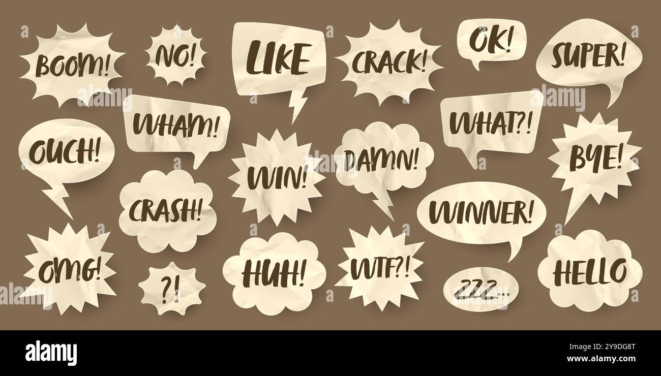 Crumpled brown paper comic speech bubbles. Hand drawn retro cartoon ...
