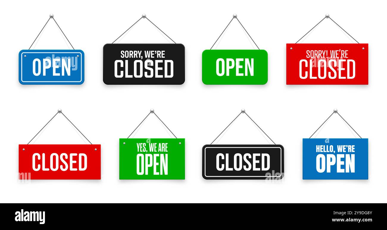 Realistic open or closed hanging signboards. Vintage door sign for cafe ...