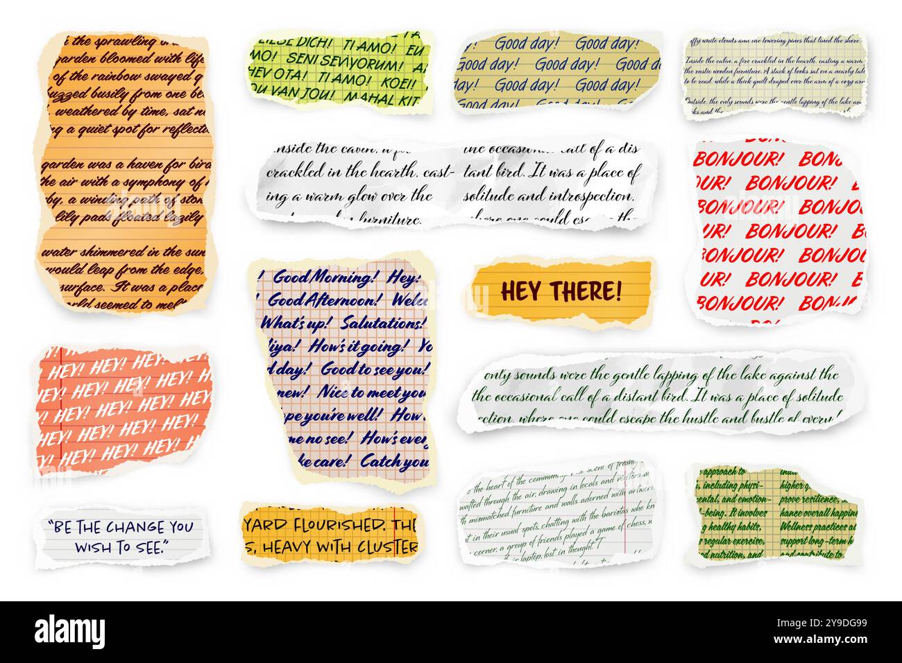 Ripped paper strips with handwritten text. Realistic crumpled paper ...