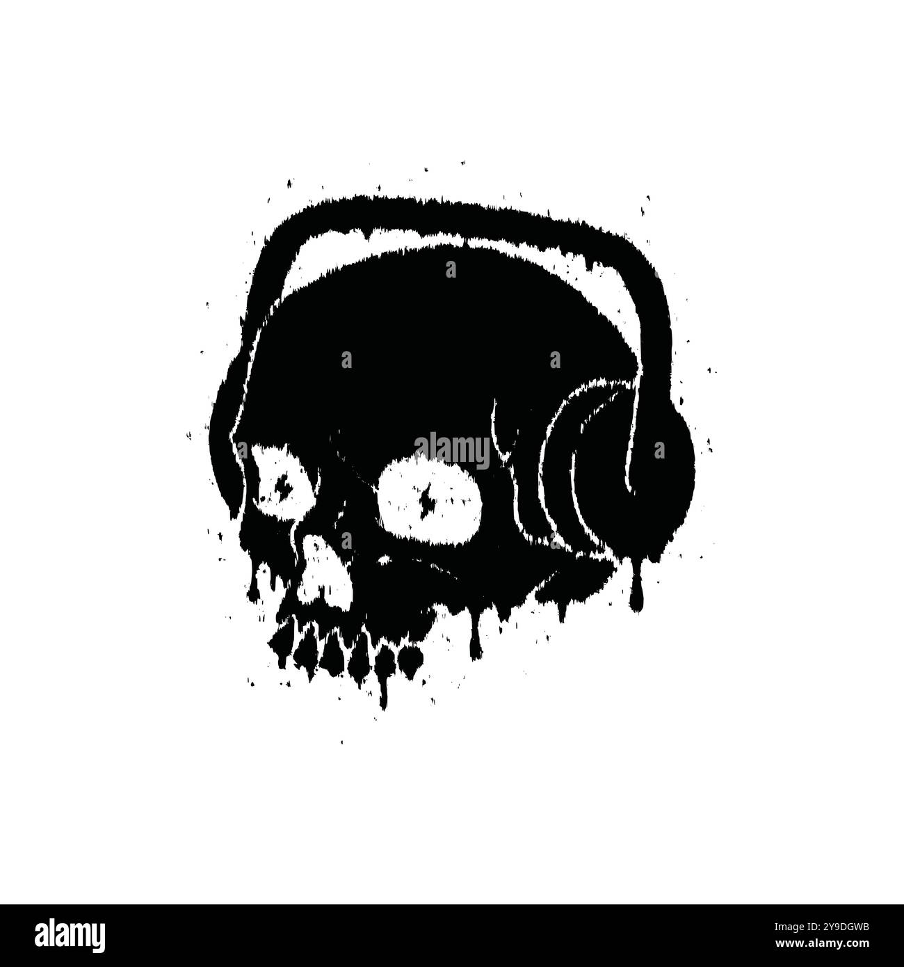 Grunge human skull in headphones with splash effects illustration ...