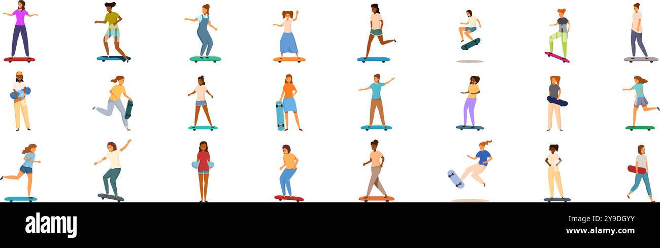 Girl skateboard icons set. Young people riding skateboards set, male ...