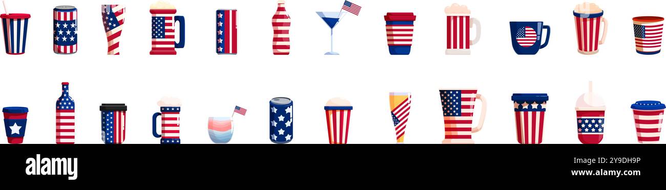 4th july drink icons set. Twenty two various beverages with an american ...