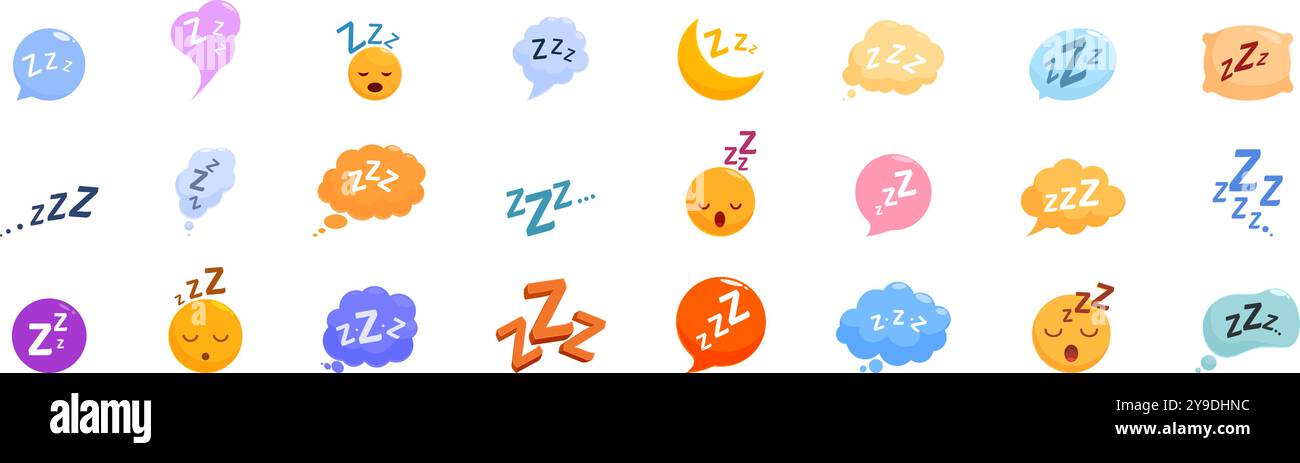 Zzz sleep snore icons set. Various designs of emojis and speech bubbles ...