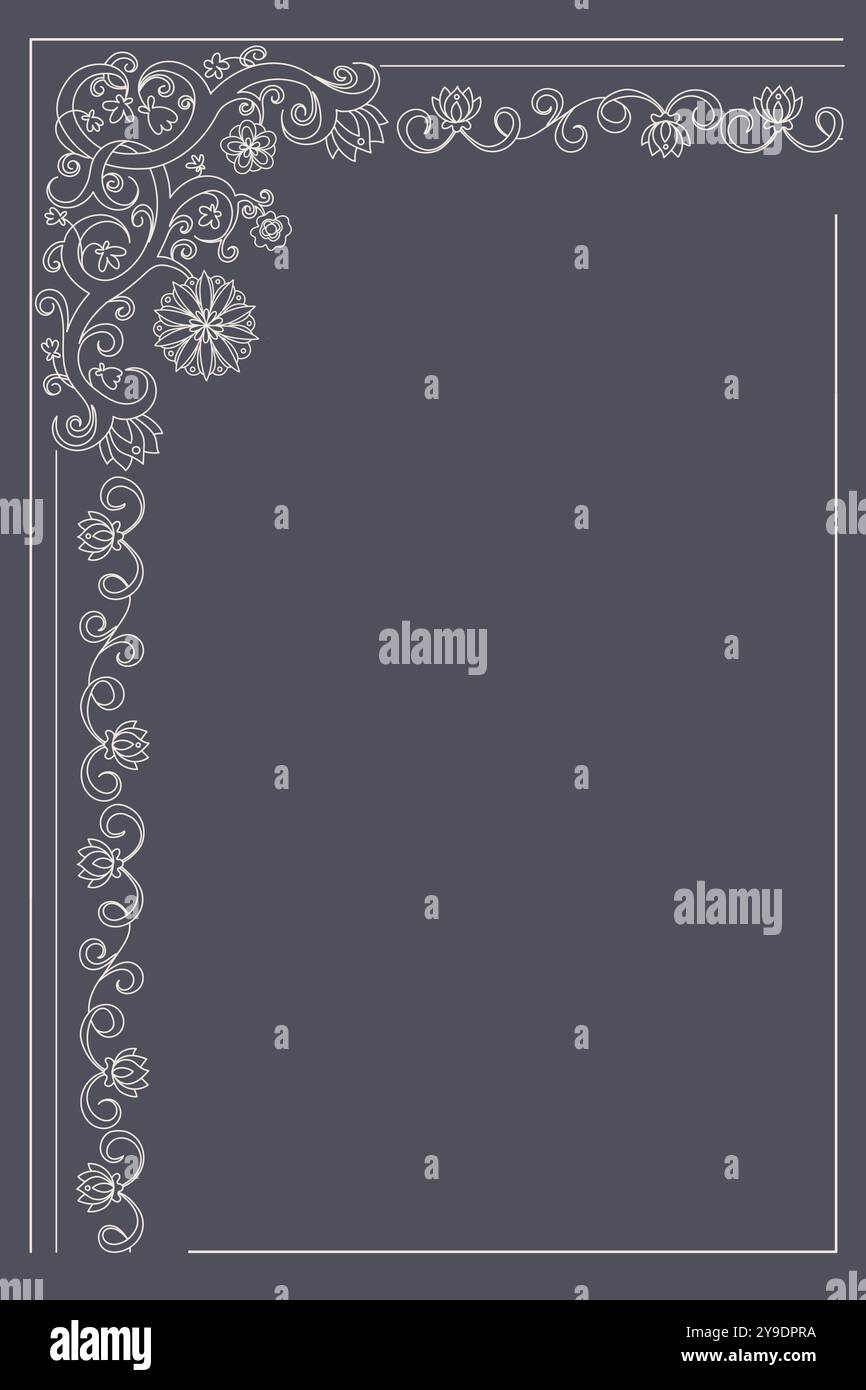 Hand-drawn frame with floral design, delicate curves and scrolls in the ...