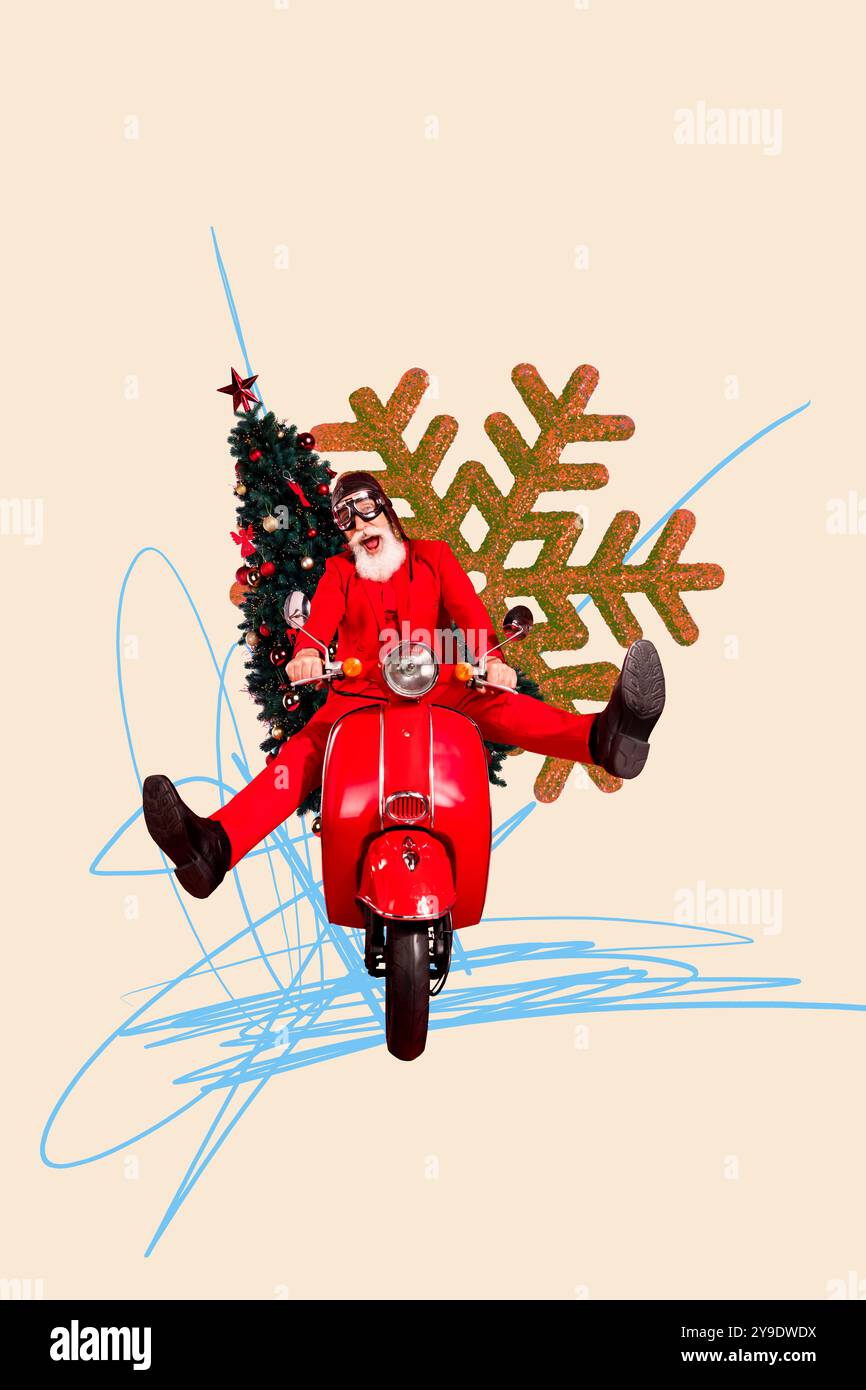 Vertical collage poster elder man santa claus moped scooter rider ...