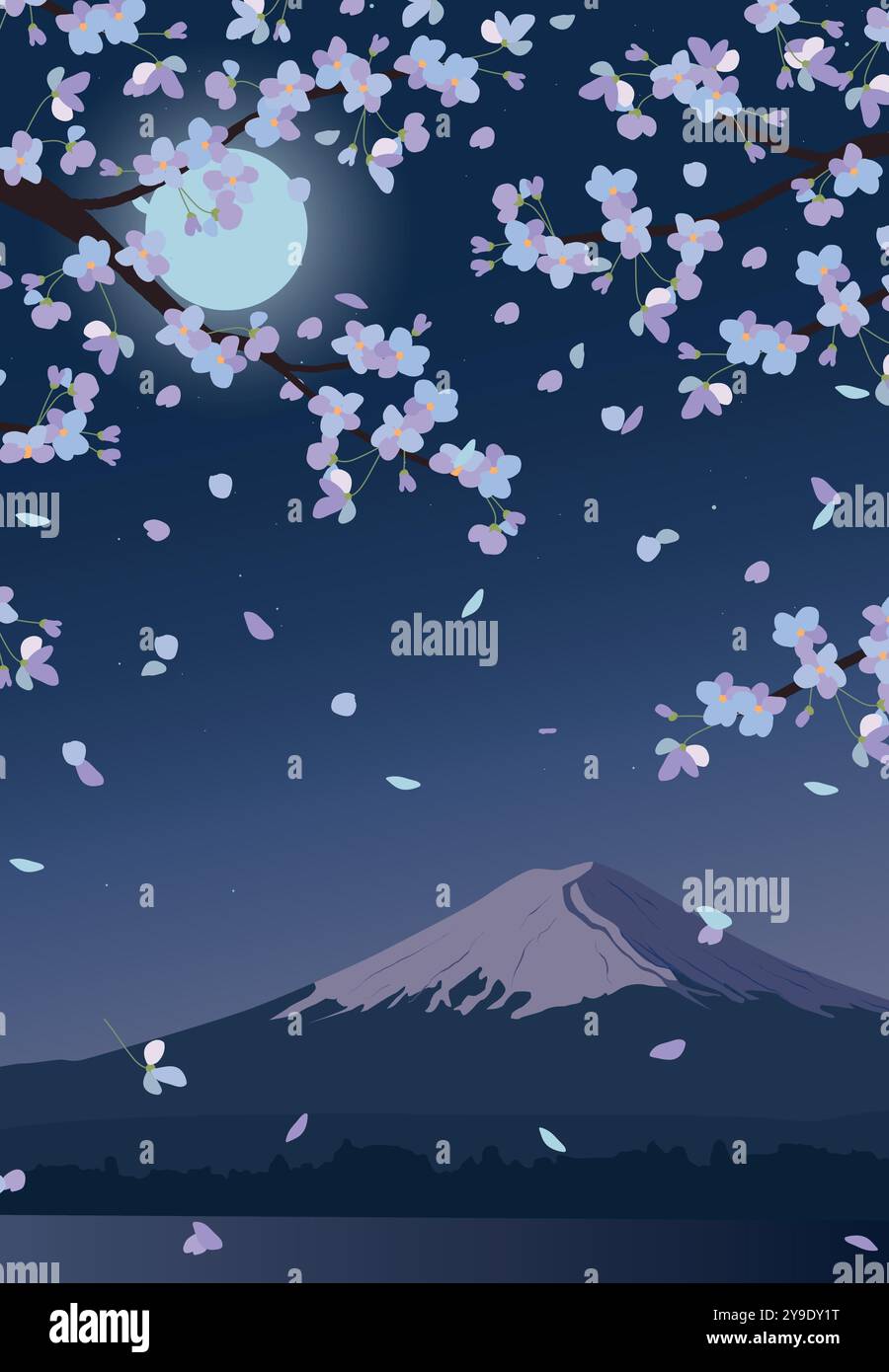 The moon rising over Mount Fuji, hanging branches of Japanese sakura ...