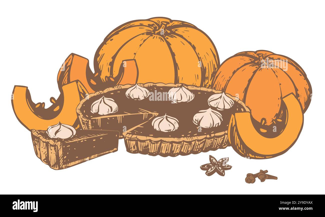 Autumn pumpkin pie with whipped cream. Traditional baking for ...