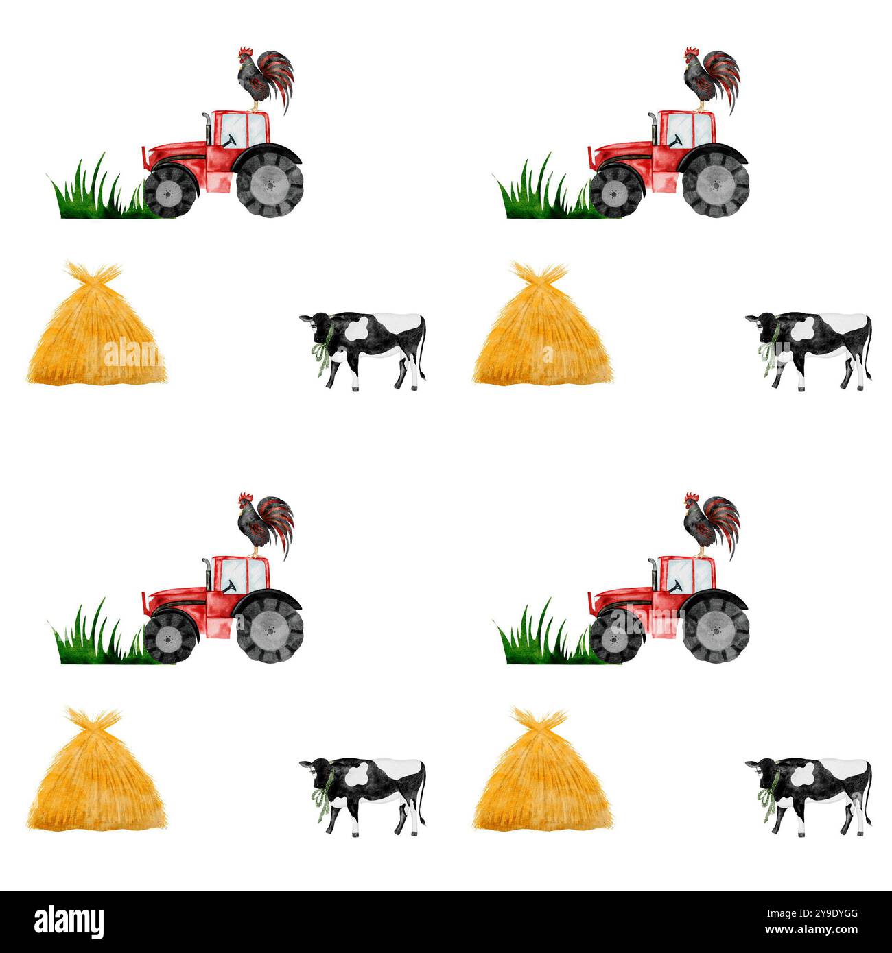 Cute farm animal and tractor. Hand drawn cow, haystack and red tractor ...