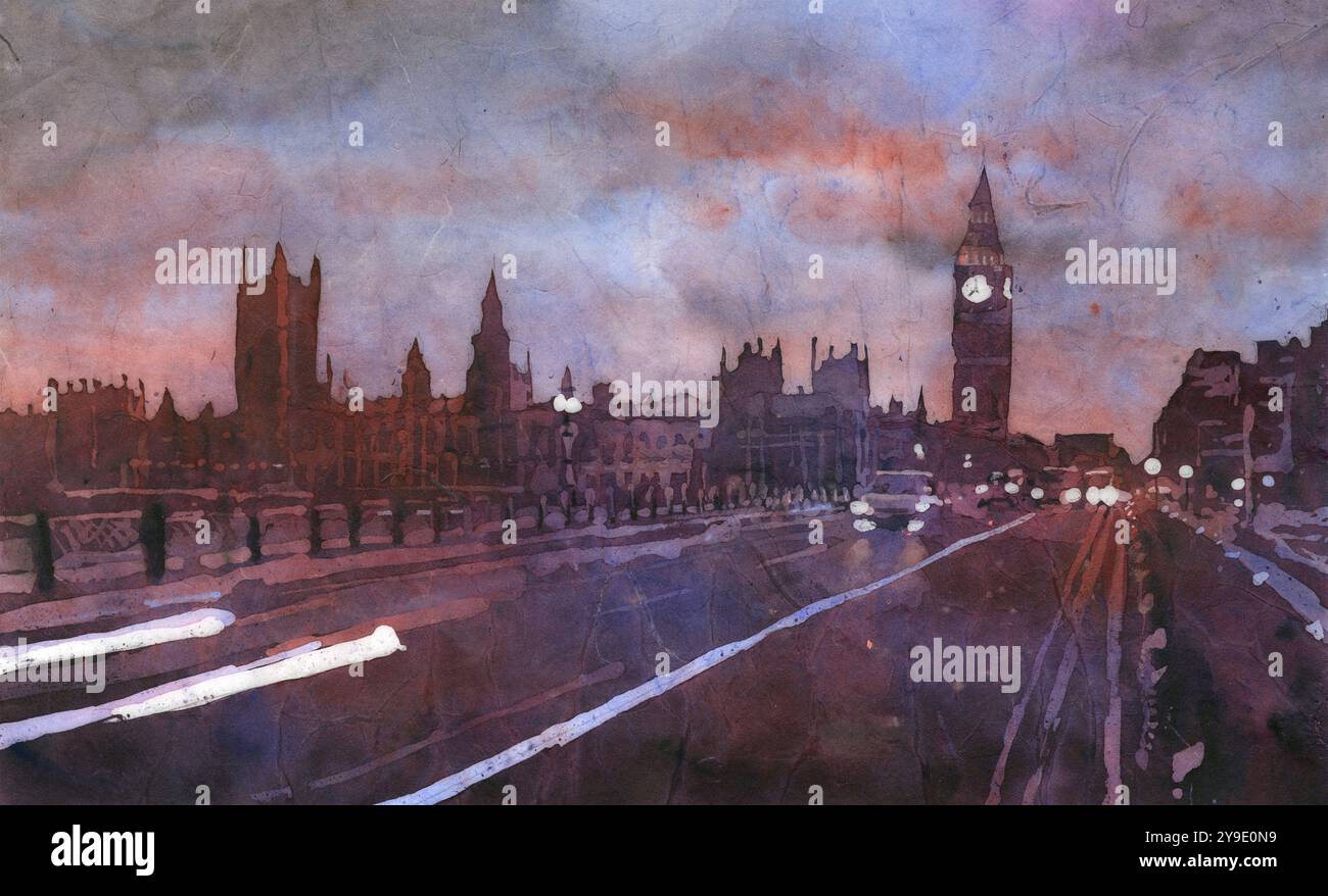 Big Ben London England watercolor batik landscape painting housewarming gift Great Britain ...