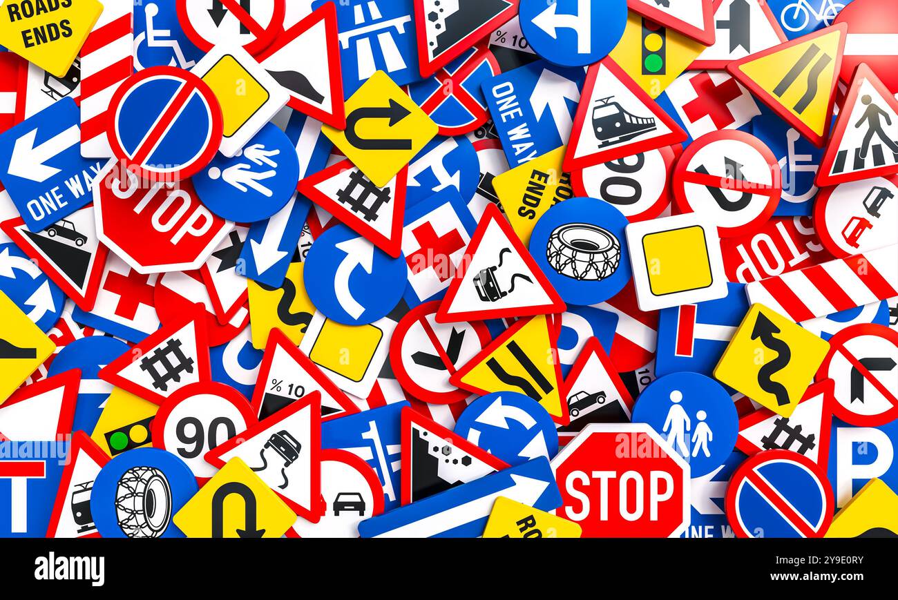 Jumbled heap of traffic, warning, and transit signs 3d background Stock ...
