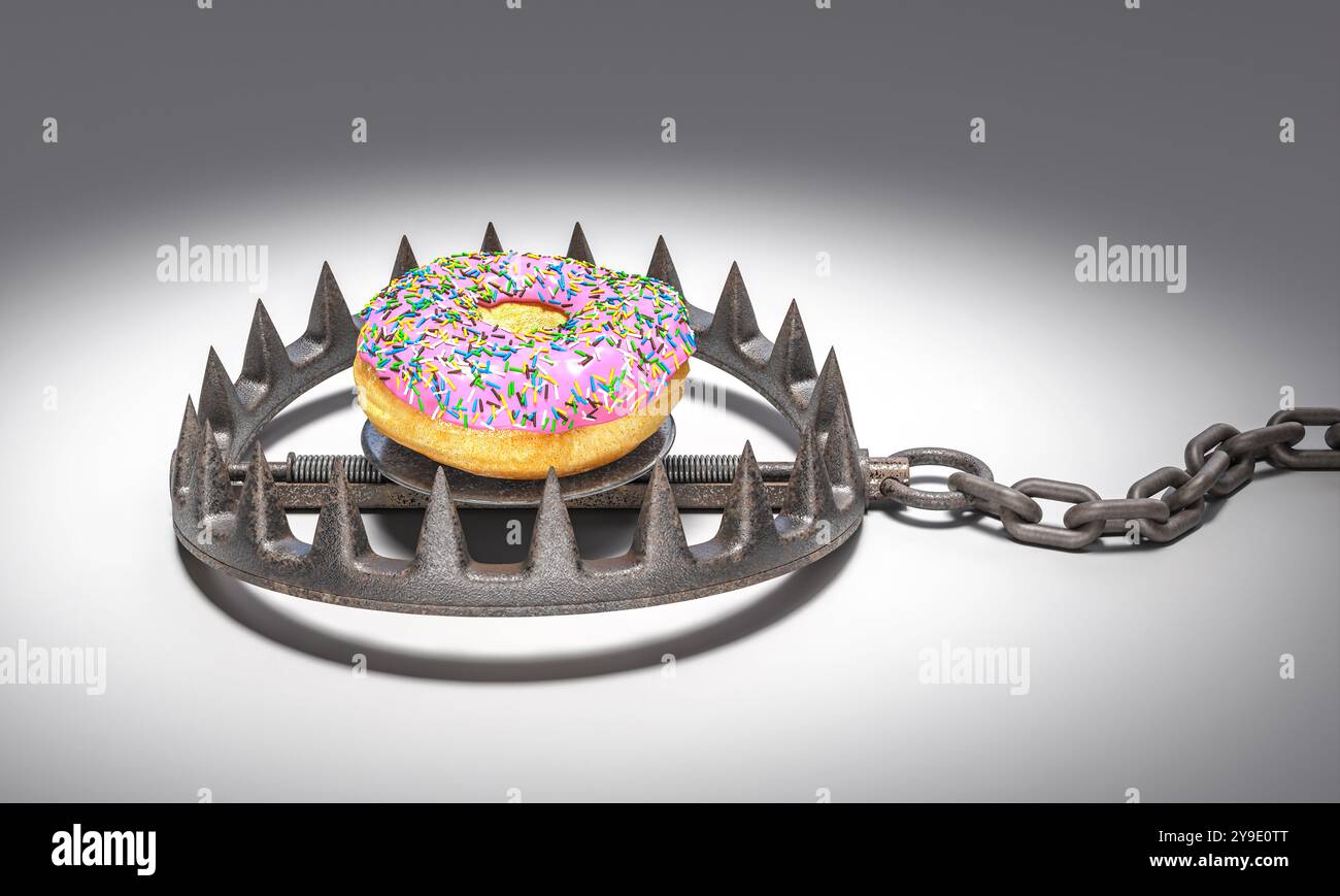 Bear trap with donut as bait, representing dangers sugar addiction 3d ...