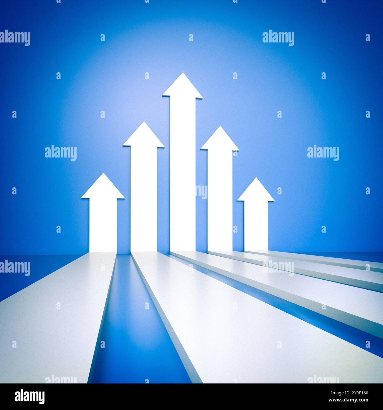 Five white arrows pointing up on blue background indicate growth 3d ...
