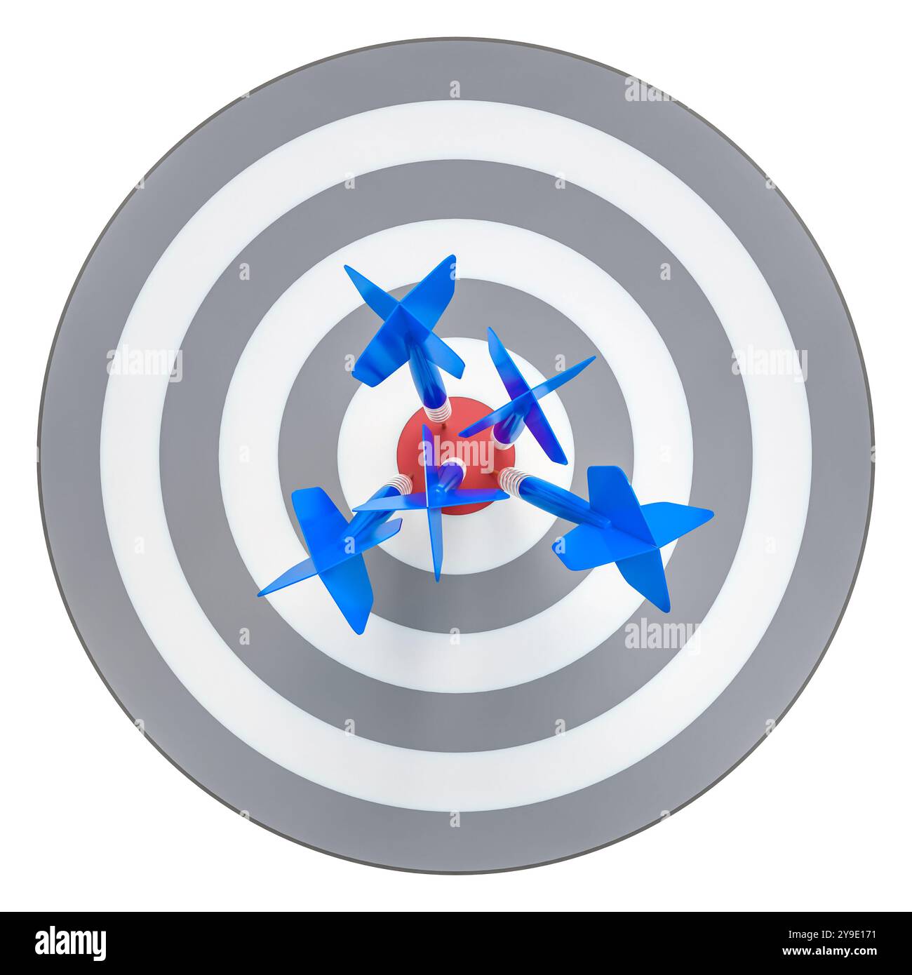 Five blue darts hitting the center of target isolated white background ...