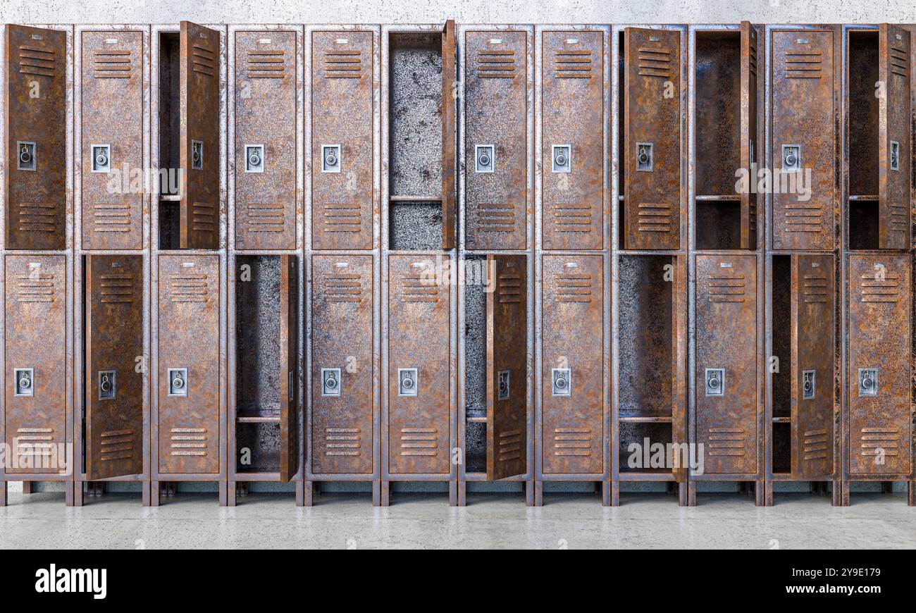 Row old rusty lockers showing age deterioration. 3d background Stock ...
