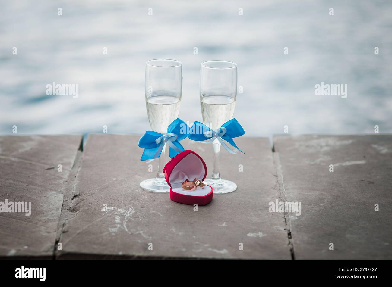 Romantic Engagement Celebration with Champagne and Rings by the Water ...