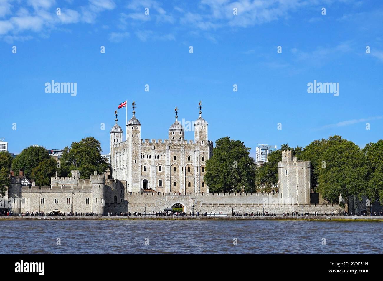 Tower of London, medieval fort, viewed from across the Thames River ...
