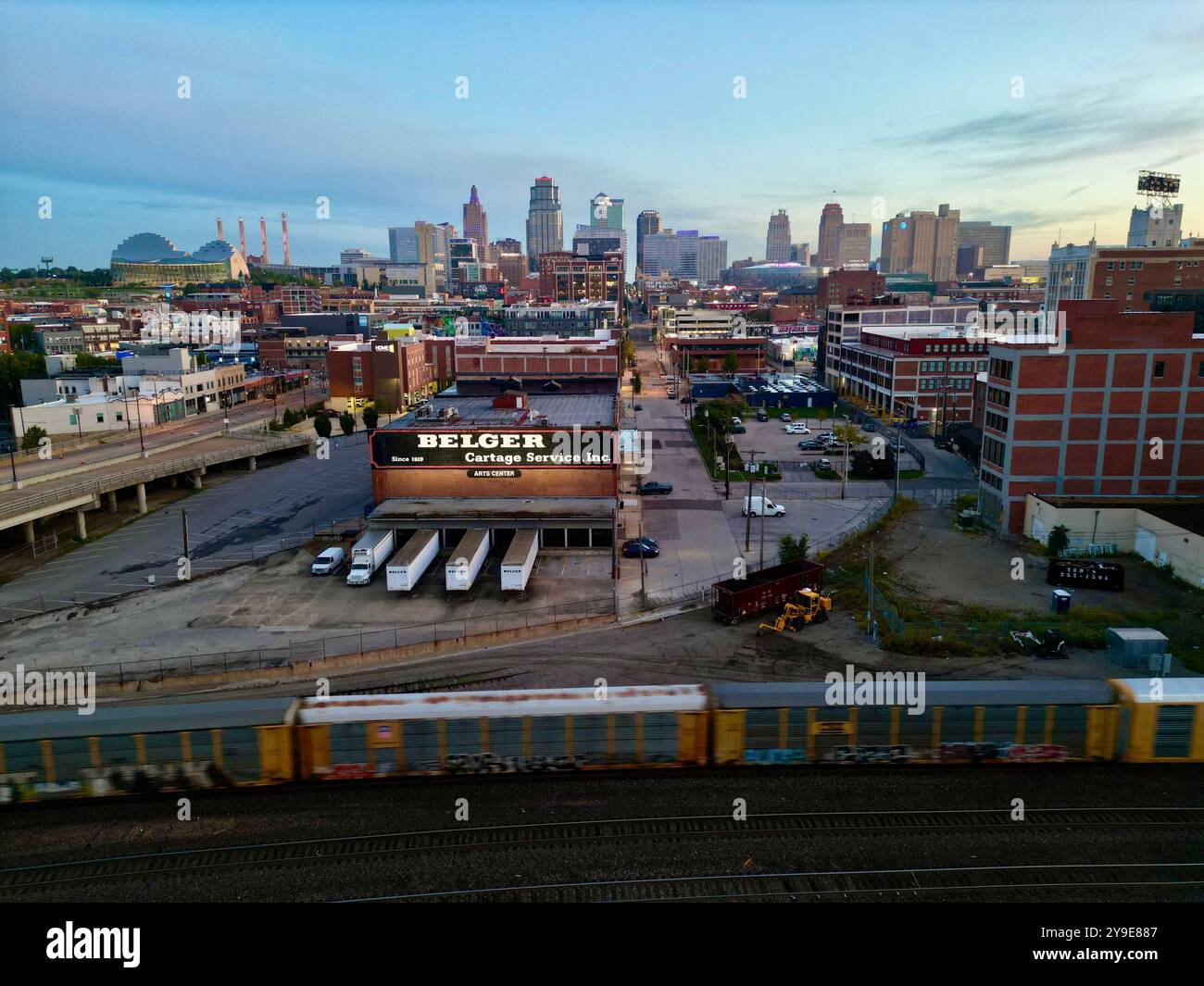 aerial view of train in front of kansas city skyline Stock Photo - Alamy
