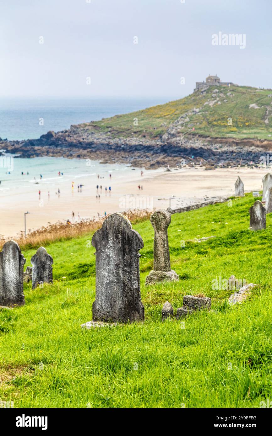 Headstones at the Barnoon Cemetery, overlooking Porthmeor Beach, St ...