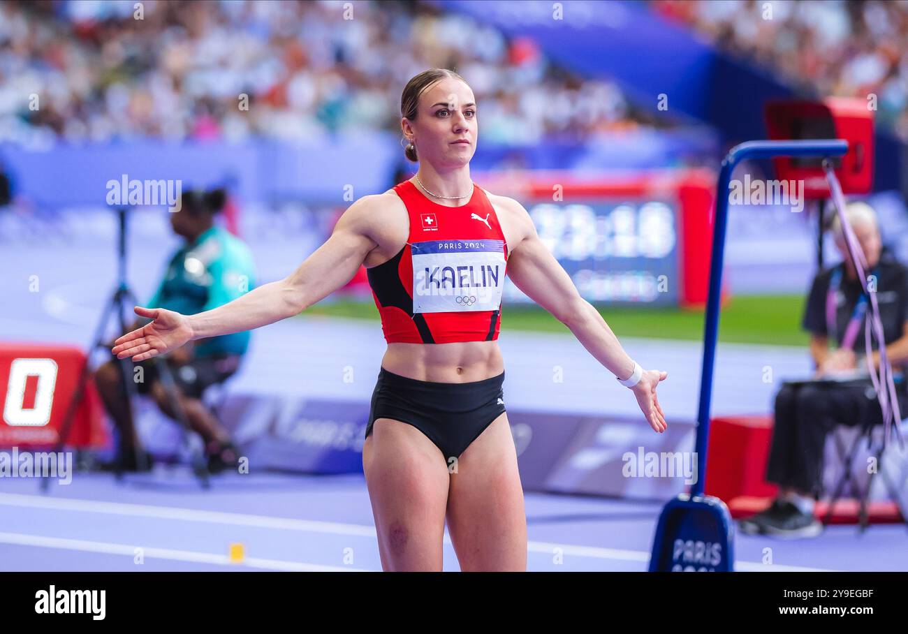 Annik Kälin participating in the long jump at the Paris 2024 Olympic ...